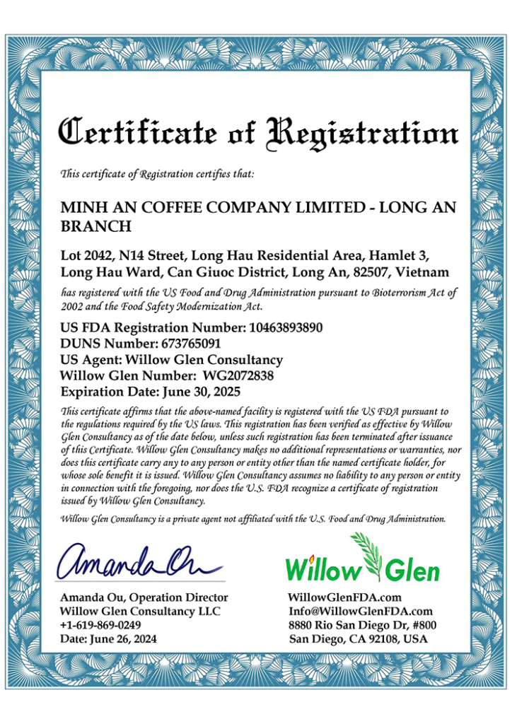 FDA CERTIFICATE - INTERNATIONAL STANDARD COFFEE MANUFACTURE